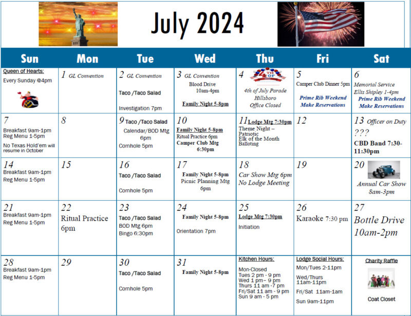 Calendar of Events - Hillsboro Elks Lodge #1862